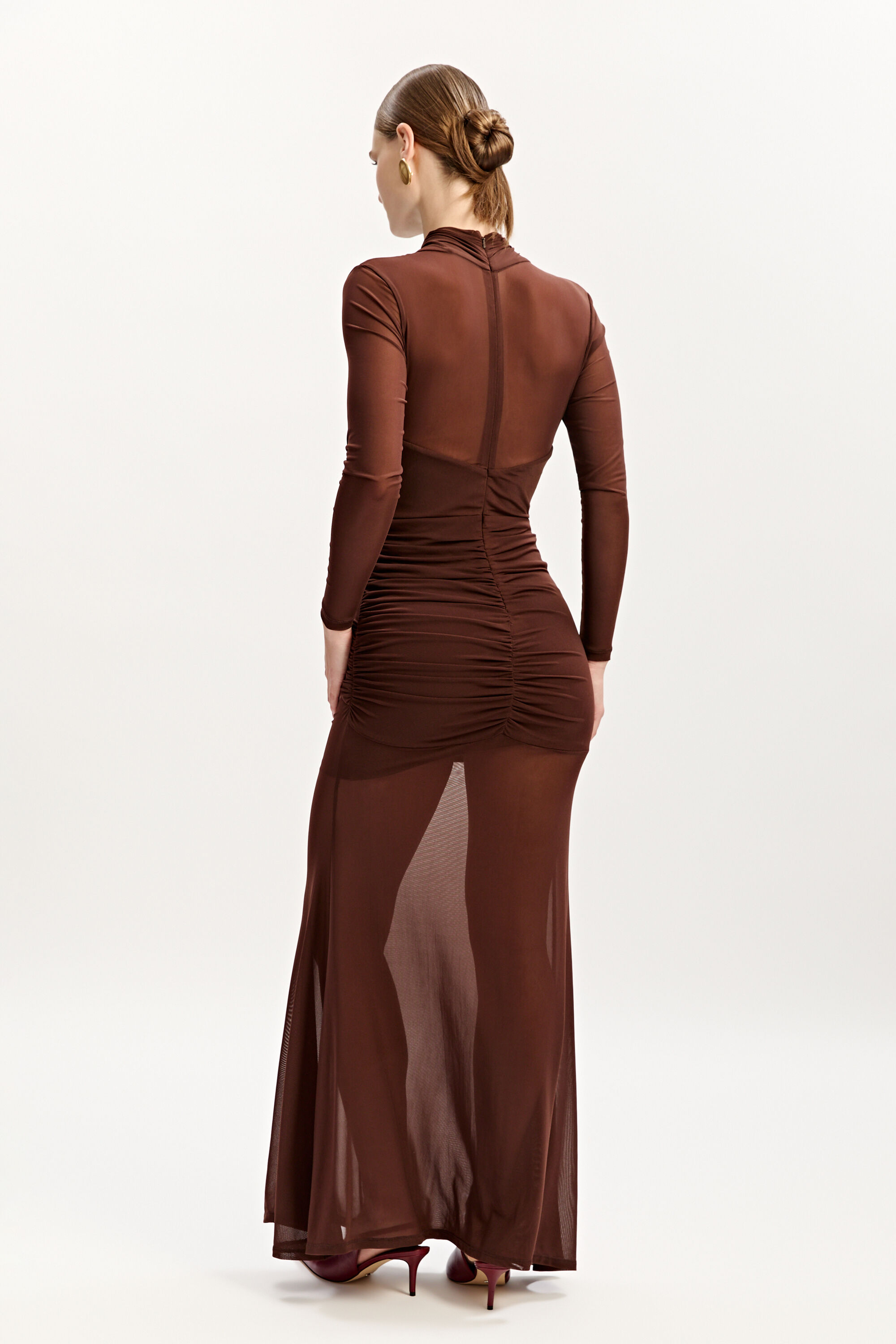 Veria Wrap Mesh Maxi Dress In Chocolate | Bardot